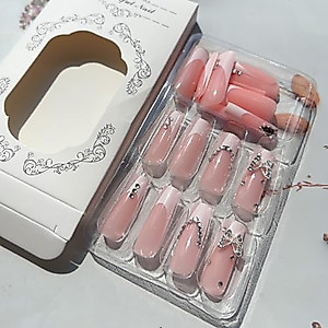 French Tip Press on Nails Long Square Fake Nails 3D Butterfly False Nails White French Tips Square Acrylic Nails Glossy Pink Artificial Nails Full Cover Long Stick on Nails for Women and Girls, 24Pcs