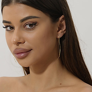 NOKMIT Threader Earrings for Women 14K Gold Tone Long Lightweight Dangle Drop Earrings Dainty Curved Bar Thin Chain Threads Hypoallergenic Jewelry Gifts