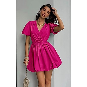 PRETTYGARDEN Women's Summer Puff Sleeve Short Mini Dress Flowy Ruffle V Neck A Line Wrap Dresses (Rose Red,Medium)