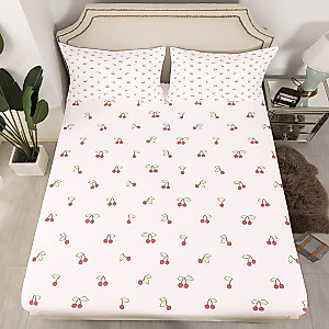 Fruit Kids Pink Bedding Fitted Sheet Cherry Pattern Design Toddler Bedding Sheets Boys Girls Cute Kawaii Cherries Bed Sheet Set Girly Cute Bed Cover Bedroom Collection 2Pcs Twin Size