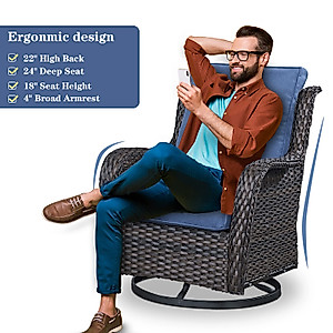 Belord Wicker Patio Furniture Sets - 8 Piece Rattan Outdoor Furniture Conversation Sets with 4 Swivel Rocker Chairs, Rattan Sofa, Wicker Ottomans and Coffee Table, Brown/Blue