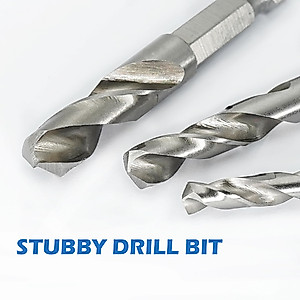 APRW Stubby Drill Bit Set for Metal,6 pcs 1/4" Hex Shank M2 HSS for Quick Change,Short Drill Bits for Right Angle Adapter and Tight Spaces,Metal Drill Bit Set for Steel, Wood, Plastic, etc.