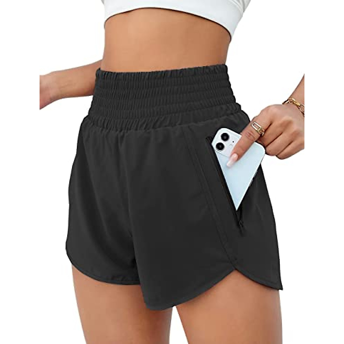 BMJL Women's Athletic Shorts High Waisted Running Shorts Pocket Sporty Shorts Gym Elastic Workout Shorts(M,Black)