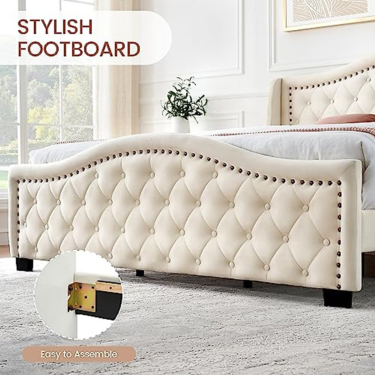 GAOMON King Size Upholstered Platform Bed Frame with Tall Headboard, Luxurious Velvet Button Tufted and Nailhead Trim Wingback, Arched Footboard, No Box Spring Needed, Beige