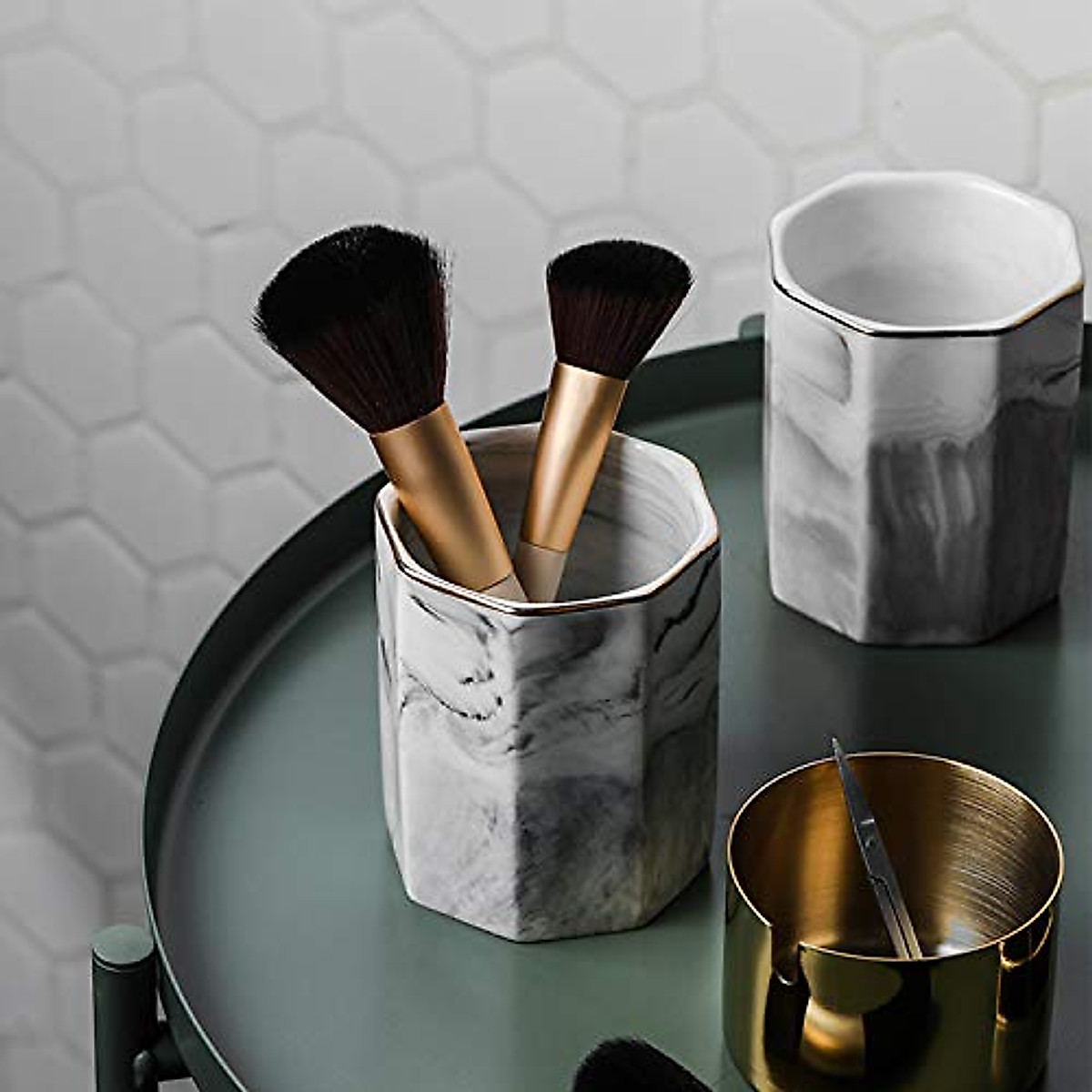 2 Pack Ceramic Pen Holder Stand,Cup for Desk Marble Pattern Makeup Brush Holder for Girls Women,Desk Accessories Holder,Durable Desktop Organizer Pencil Holder Pot Ideal Gift for Office Home (Gray)