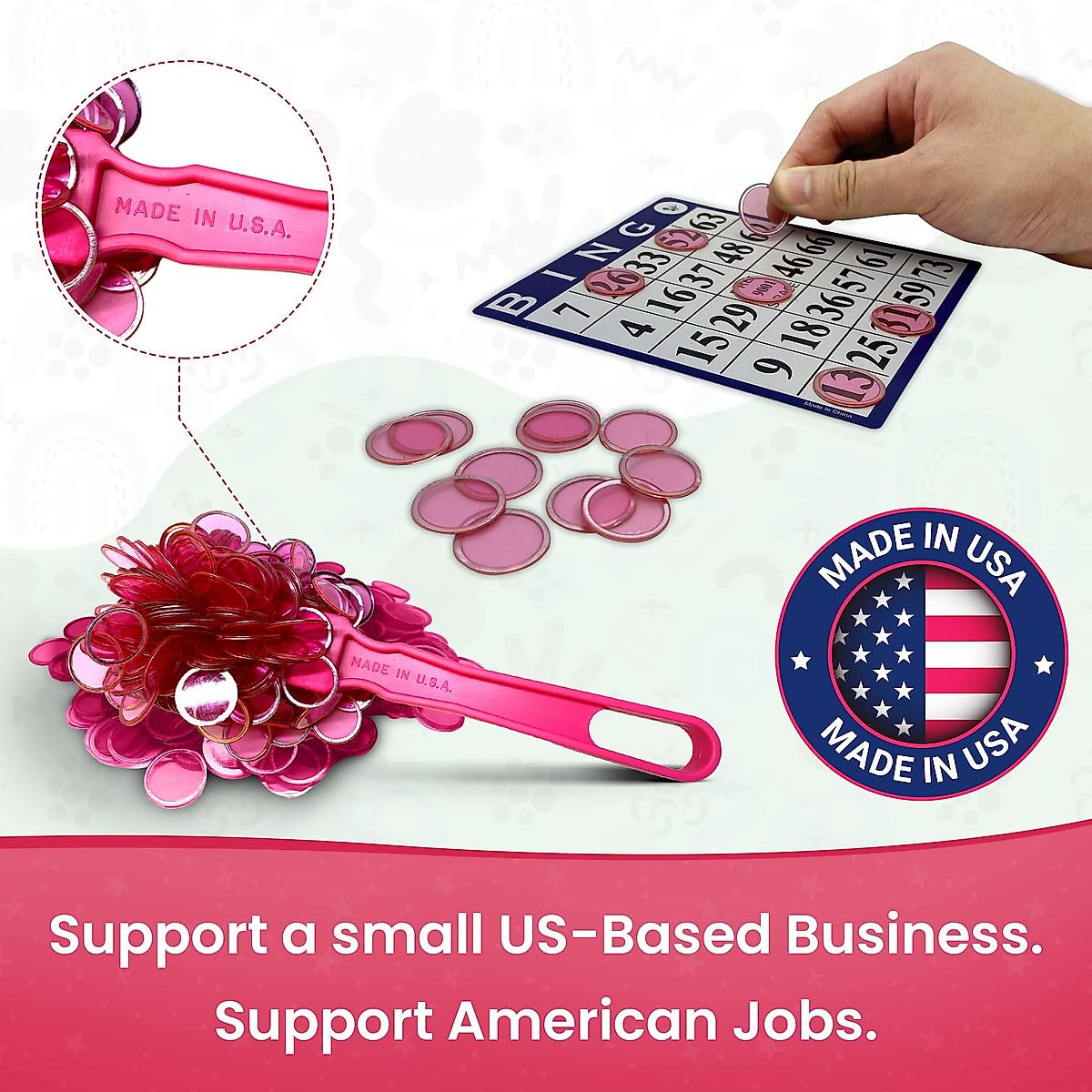 MR CHIPS Made in USA Upgraded Bingo Magnetic Wand & 200 Pieces ¾ Inch Pink Plastic Chips with Metal Rings - Support American Job