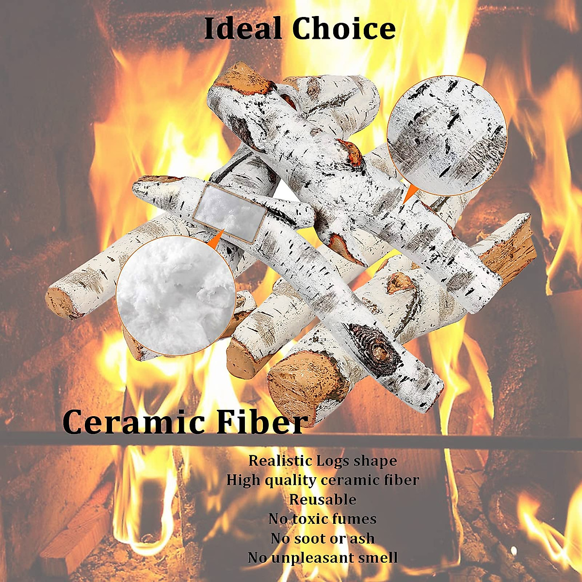 Uniflasy 26.8" Gas Fireplace Log Set, Ceramic White Birch for Intdoor Inserts, Vented, Propane, Electric Gas Fireplaces, Outdoor, Linear Fire Pits Ceramic Fiber Fake Wood Logs, Fireplace Decor, 6pcs