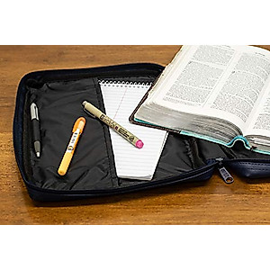 Blue Embossed Cross with Front Pocket Leather Look Bible Cover with Handle, X-Large