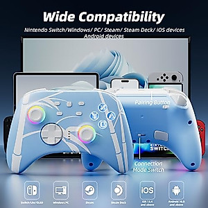 Mytrix Wireless Pro Controller, Hall Effect Bluetooth Controllers for Nintendo Switch, PC, Steam, iPad, Mac, Tablet, Laptop, with RGB Light/Macro Keys/Turbo Button, Bamboo Blue