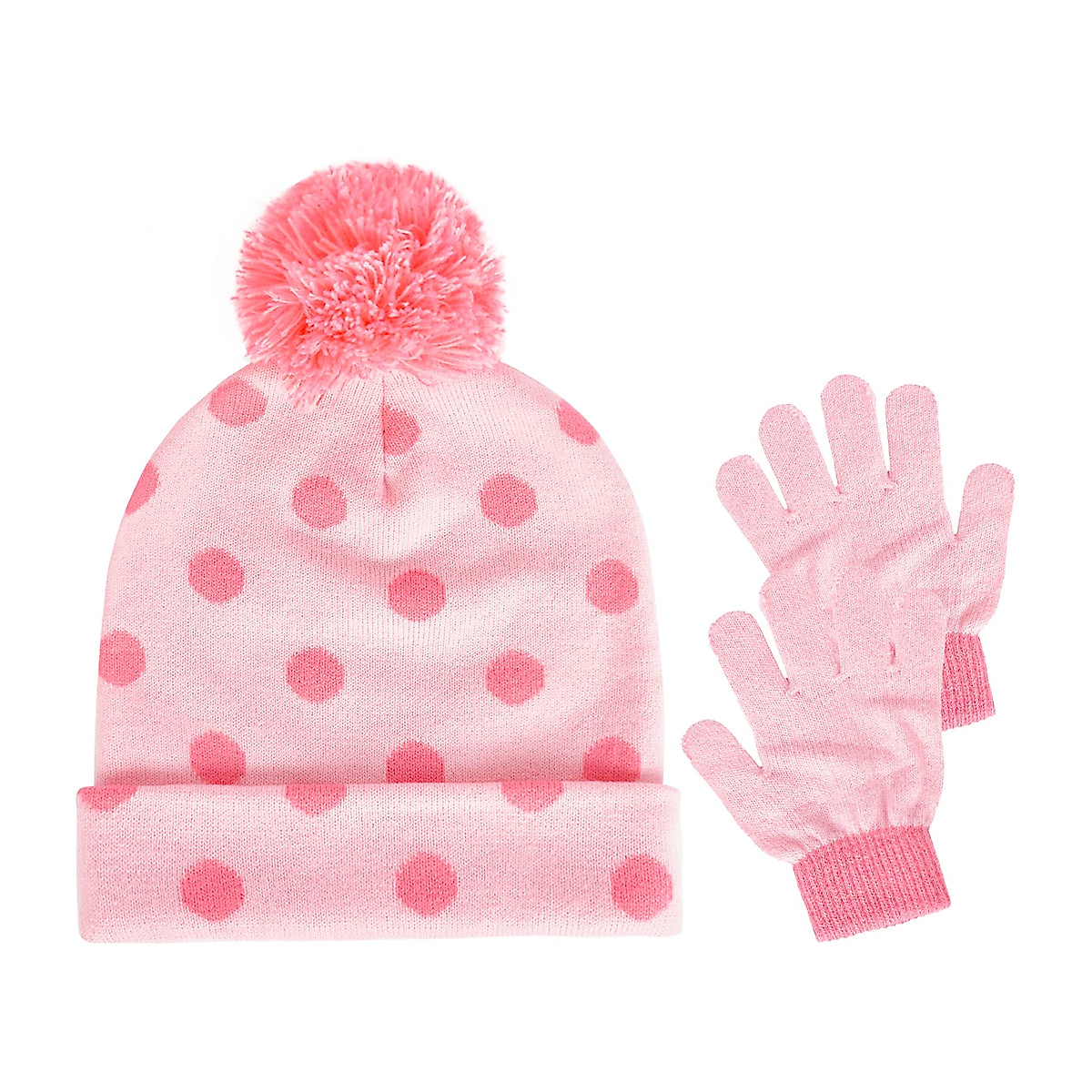 Disney Minnie Mouse Beanie Hat and Gloves Set, Kids Polka Dot Cuffed Winter Knit Cap with Pom and Mittens, Pink, One Size