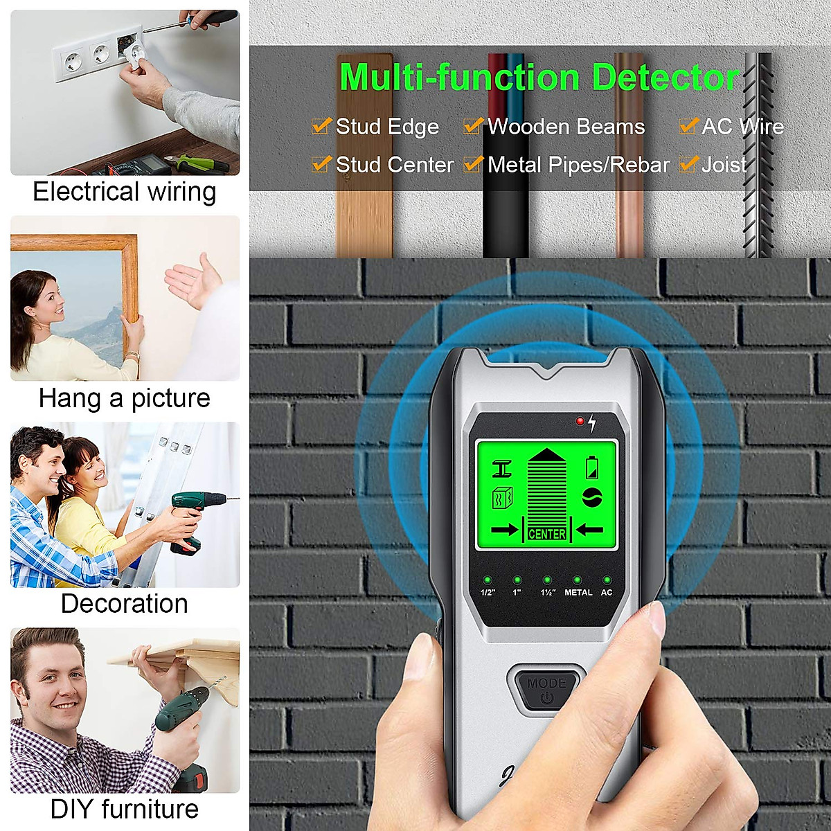 Stud Finder Wall Scanner, 5 in 1 Multi-function Upgraded Smart Stud Sensor, Wall Scanner with Battery for the Center& Edge of Metal, Studs and AC Wire, Pipe Locator for Walls