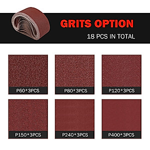 LIZMOF 3×18 Inch Belt Sander Sanding Belt, Aluminum Oxide Sanding Belts for Belt Sander, Belt Sander Paper with 60, 80, 120, 150, 240, 400 Assorted Grits for Efficient& Durable Use, 18PCS