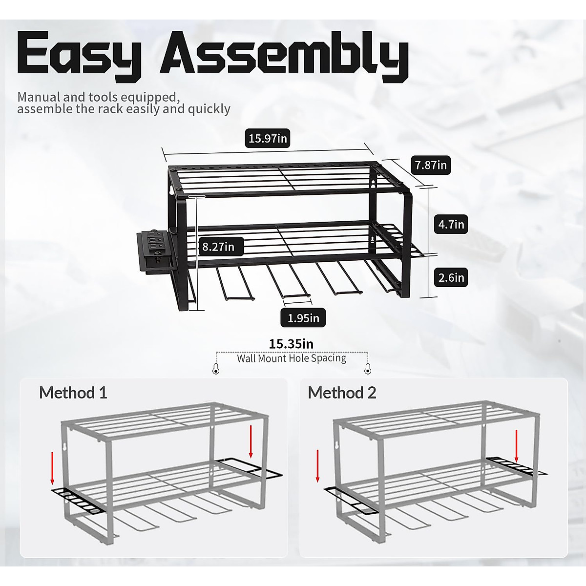 WiseWater Power Tool Organizer with Charging Station, 4 Slot Drill Holder Wall Mount, Tool Shelf and Storage Rack with Screwdriver/Pliers/Hammer Holder for Garage Cordless Power Tools Organization