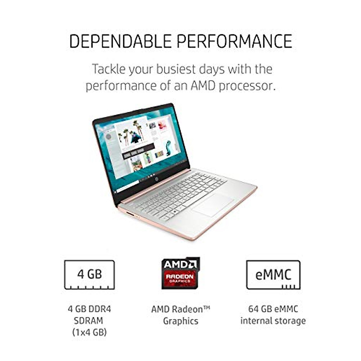 HP - 14-fq0030nr 14 Laptop, AMD 3020e, 4 GB RAM, 64 GB eMMC Storage, 14-inch HD Display, Windows 10 Home in S Mode, Long Battery Life, Microsoft 365, (14-fq0030nr, 2020) Pale Rose Gold