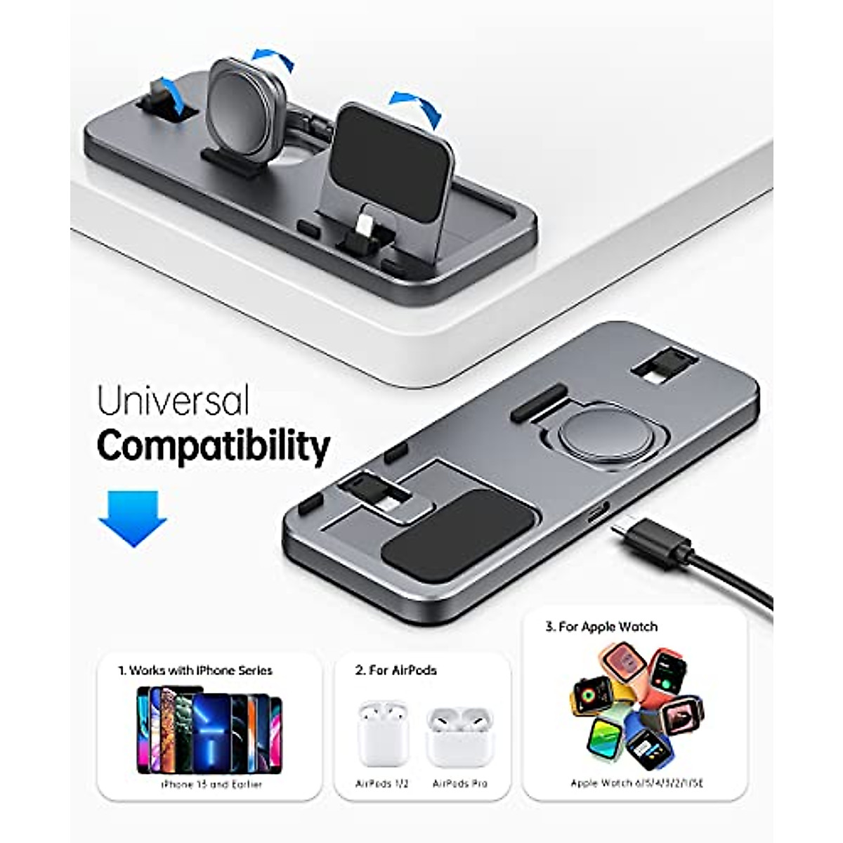 LERCIOR Apple Devices Portable Three-in-one Charging Station Apple Watch 7/6/SE/5/4/3/2/1 Charger Stand, iPhone AirPods Pro 3/2/1 Charging Base Foldable Charger-Gray