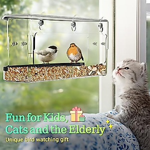 Ermete Window Bird Feeder With Strong Suction Cups, Large View Clear Feeder, Seed Tray, 13in x 5.5in x 4.2in for Outside