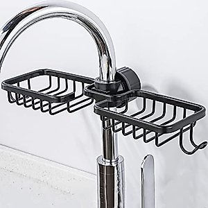 Faucet Sponge Double Holder, Sink Caddy Stainless Steel Faucet Drainage Shelf for Kitchen Sink, Shower Caddy Hanging Bath Shelf Organizer Basket, With Hook Drain Shelf (Black)