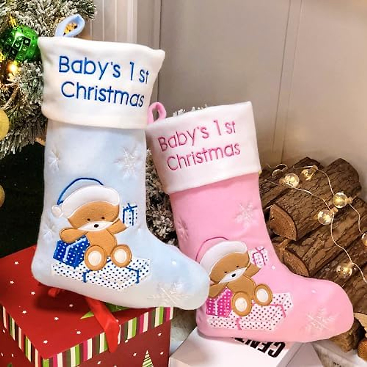 Cuteoy Baby’s First Christmas Stockings Boy Girl Xmas Stockings Gifts for Newborn Ornament Home Family Decor,Pink, 20’’