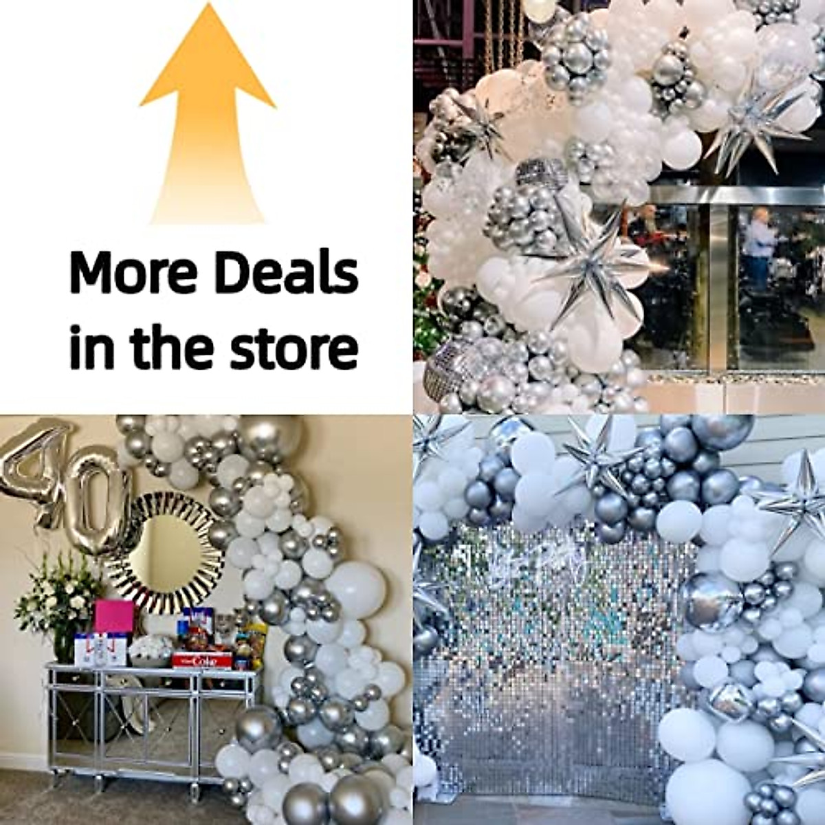 Bezente White Silver Balloon Garland Kit,100Pcs White Silver Metallic Chrome and Silver Confetti Balloons with Balloon Tape for Wedding, Prom,Special Events Party Decoration.