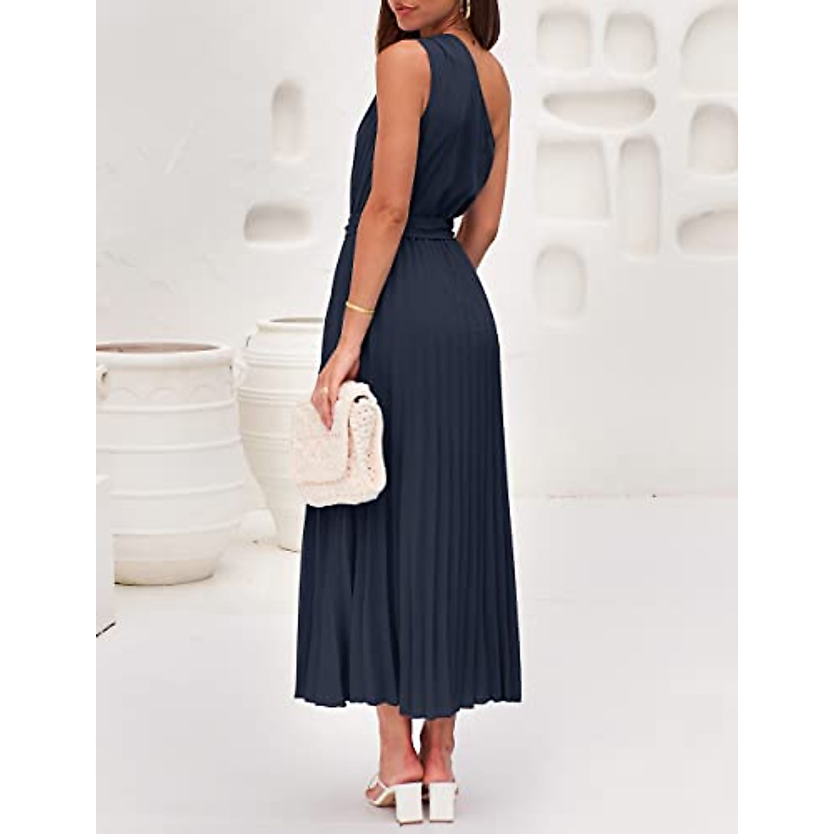 MEROKEETY Womens Sleeveless One Shoulder Pleated Belted Elastic High Waist Formal Midi Maxi Dress,Navy,M