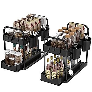 Under Sink Organizers and Storage, 2-Tier Sliding Under Cabinet Bathroom Storage with Hooks, Hanging Cup, Handles, Multi-Purpose Under Sink Organizer for Bathroom Kitchen, Black, 2Pack