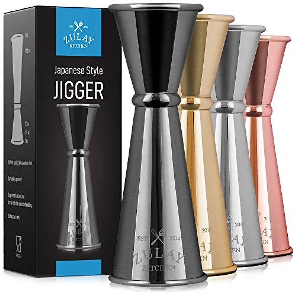 Zulay Kitchen Shot Measure Jigger For Bartending - Cocktail Jigger 18/8 Food-Grade Stainless Steel - Jigger 2 oz 1 oz Etched Markings - Cocktail Measuring Cup Japanese Jigger - Double Jigger (Black)
