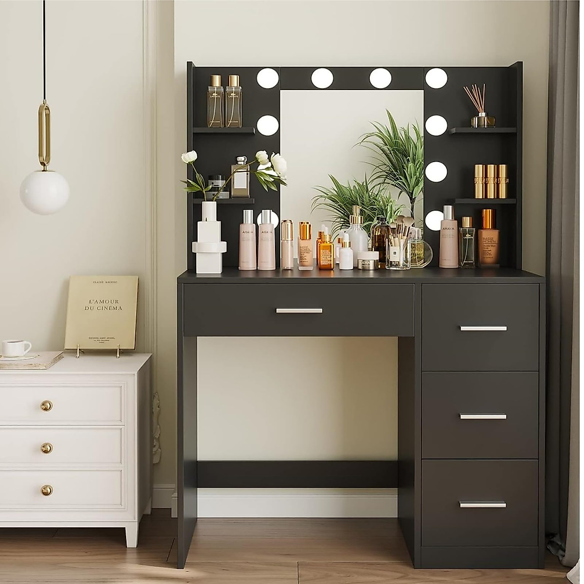 Irontar Vanity Desk, Makeup Vanity with 10 LED Lights and 4 Drawers, Brightness Adjustable, Dressing Table with 6 Shelves, Vanity Table for Women, Black WDT003B