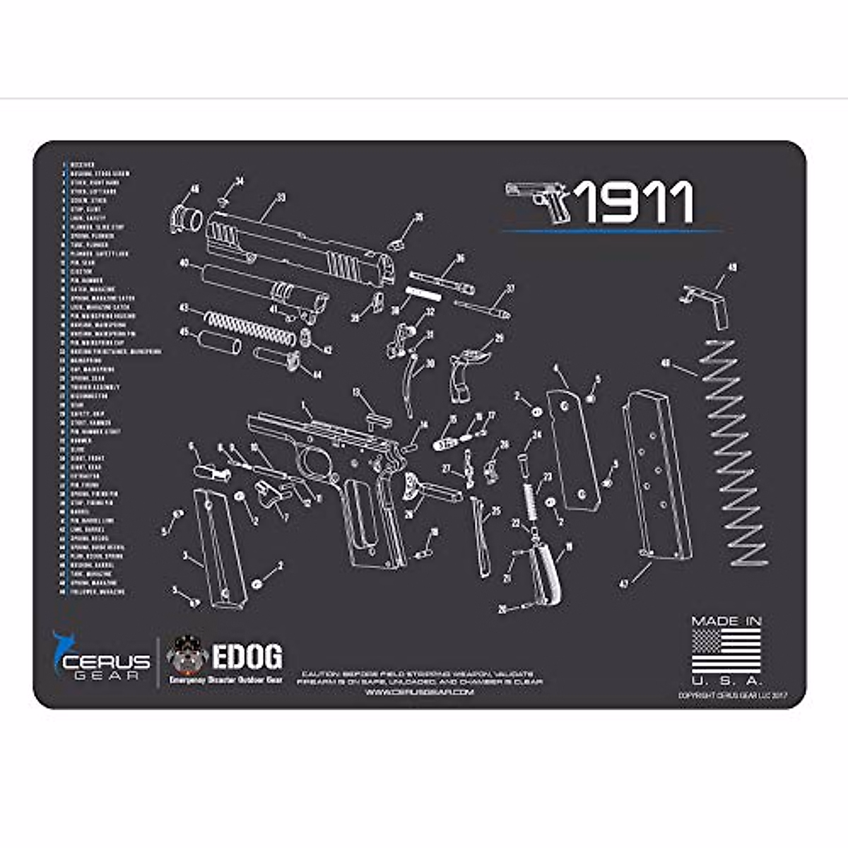 EDOG 1911 Gun Cleaning Mat - Schematic (Exploded View) Diagram Compatible with 1911 Series Pistol 3 mm Padded Pad Protect Your Firearm Magazines Bench Surfaces Gun Oil Solvent Resistant