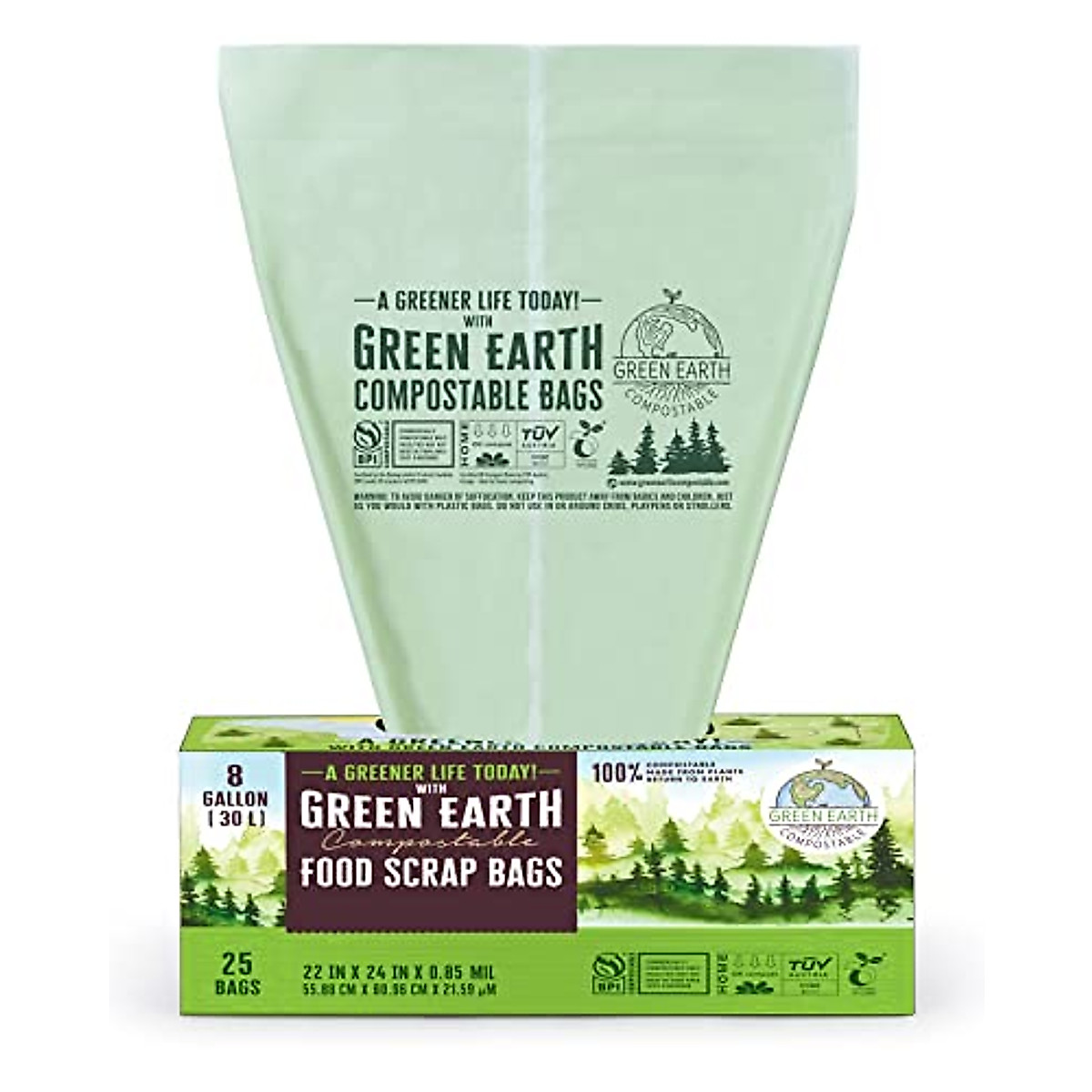 Green Earth Compostable Medium Kitchen Food Scrap Waste Bags, Compost Bin Compatible, 8 Gallon, 30 Liter, 25-Count, 0.85 Mil Thickness, ASTM D6400, US BPI and Europe OK Compost Home Certified, USA