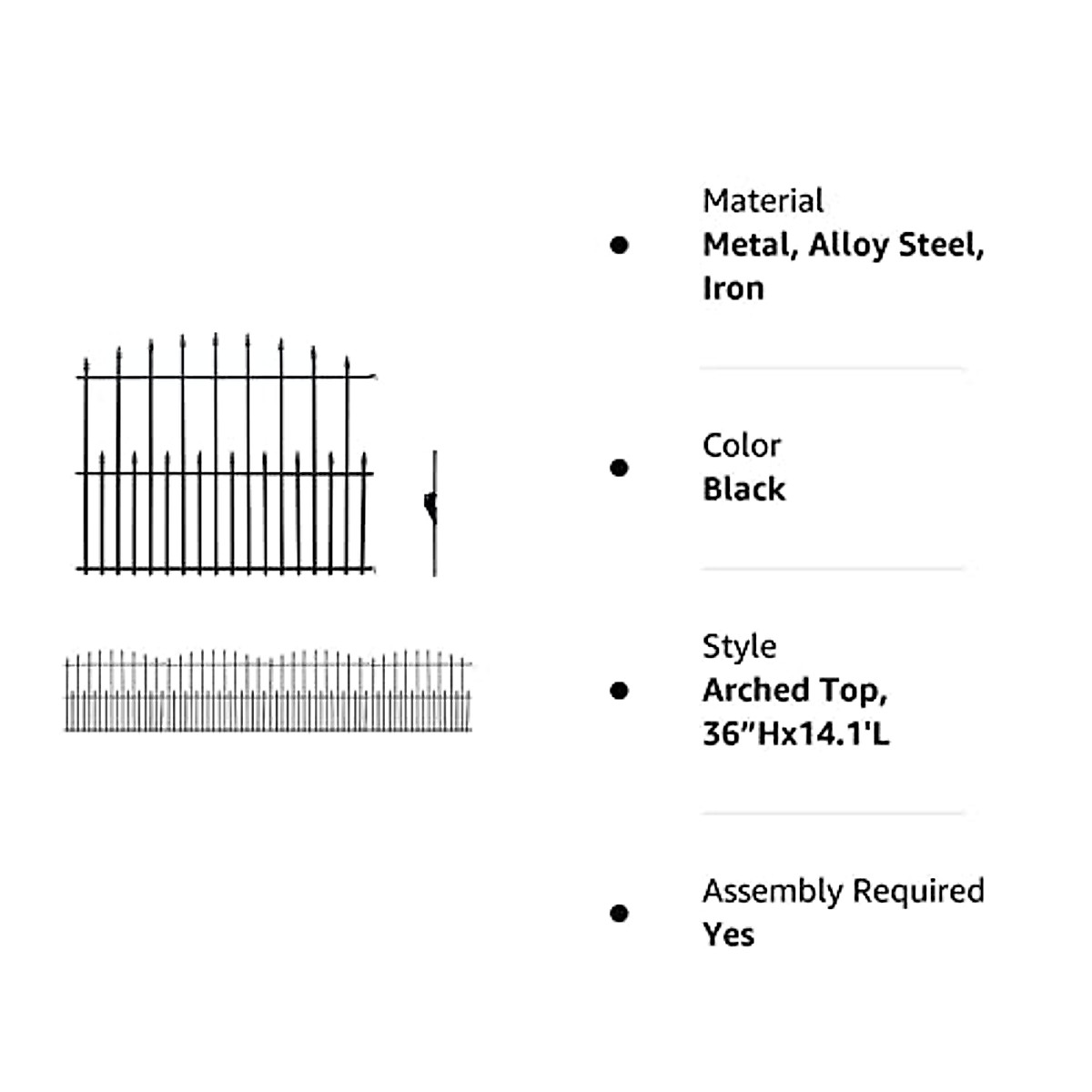 Black Steel Decorative Garden Fence Panels, Metal Fence Animal Barrier 36 in H x14.1 ft Long Landscape Border Fence Arched Top, Dog Fence Barrier