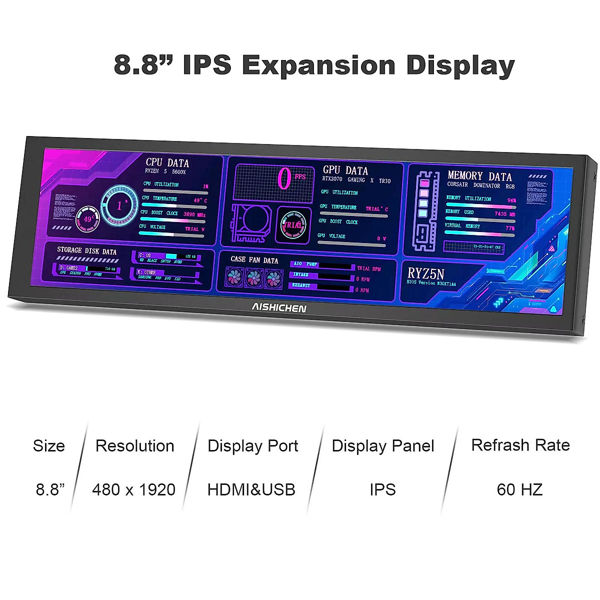 8.8 Inch PC Temperature Display With Case PC Sensor Panel Display Computer Temp Monitor IPS USB Mini Screen AIDA64 PC CPU RAM Data Monito Temperature Monitor for PC ARGB Computer Case Secondary Screen
