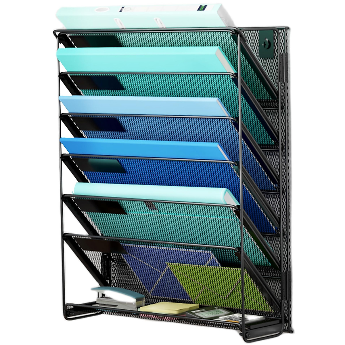 Kuntine.B 7-Tier Hanging File Organizer Vertical Wall File Organizer Wall File Holder, Mesh Magazine Rack Mail Document Organizer for Office School Home (Black, 1 Pack)