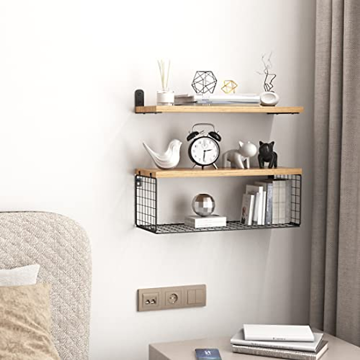 Floating Shelves Wall Mounted, Rustic Wood Bathroom Shelves Over Toilet with Paper Storage Basket, Farmhouse Floating Shelf for Wall Decor, Bedroom/Living Room/Kitchen/Plants/Books/Set of 3