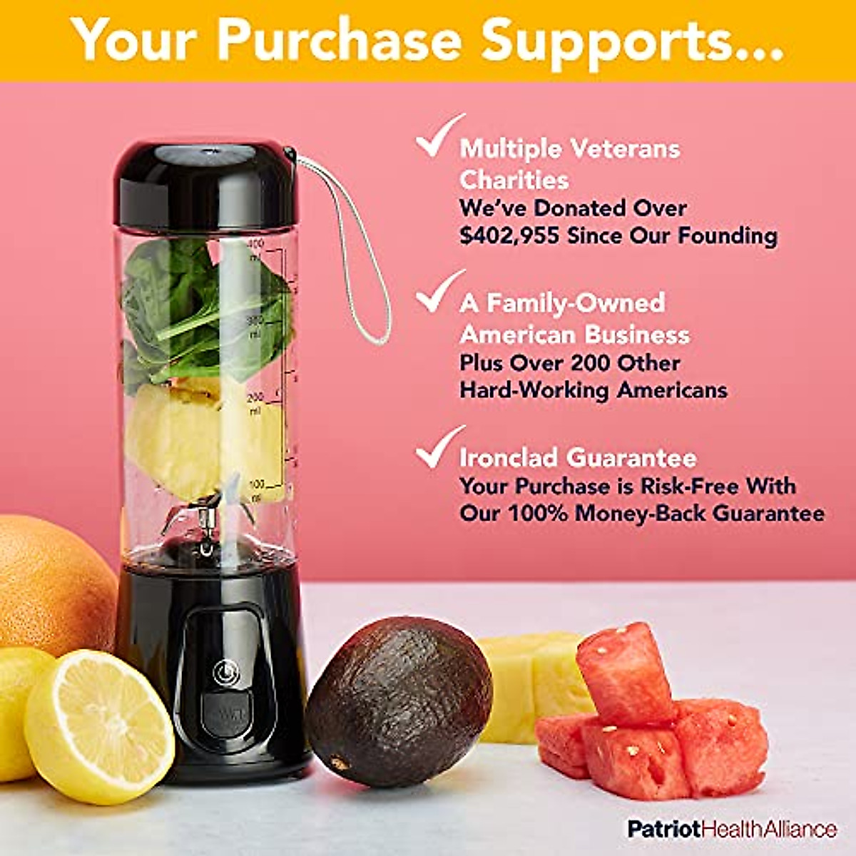 PATRIOT HEALTH ALLIANCE Patriot Power Blender, Portable, Cord-Free USB Rechargeable Mini Blender, Make Smoothies, Protein Shakes, Slushies for Kids & Margaritas On-The-Go, Ideal for Travel, Gym, Camping
