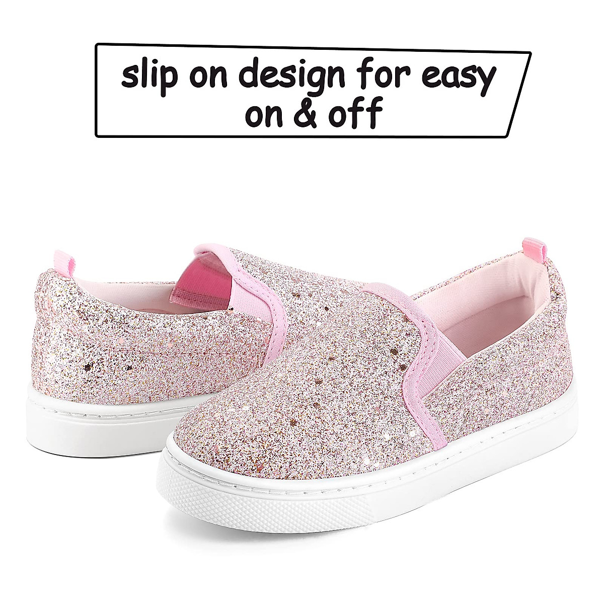 K KomForme Toddler Sneakers for Girls Boys Slip On Canvas Walking Shoes, Size 2 Big Kid, Pink Glitter
