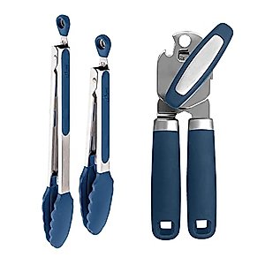 Gorilla Grip Silicone Tongs Set of 2 and Manual Can Opener, Silicone Tongs Are 9 and 12 Inch, Can Opener Includes Built in Bottle Opener, Both in Blue Color, 2 Item Bundle