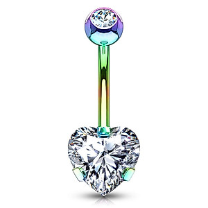 Forbidden Body Jewelry 14g Tri-Prong Heart Shaped CZ Solitaire Belly Button Ring, Rainbow/Clear