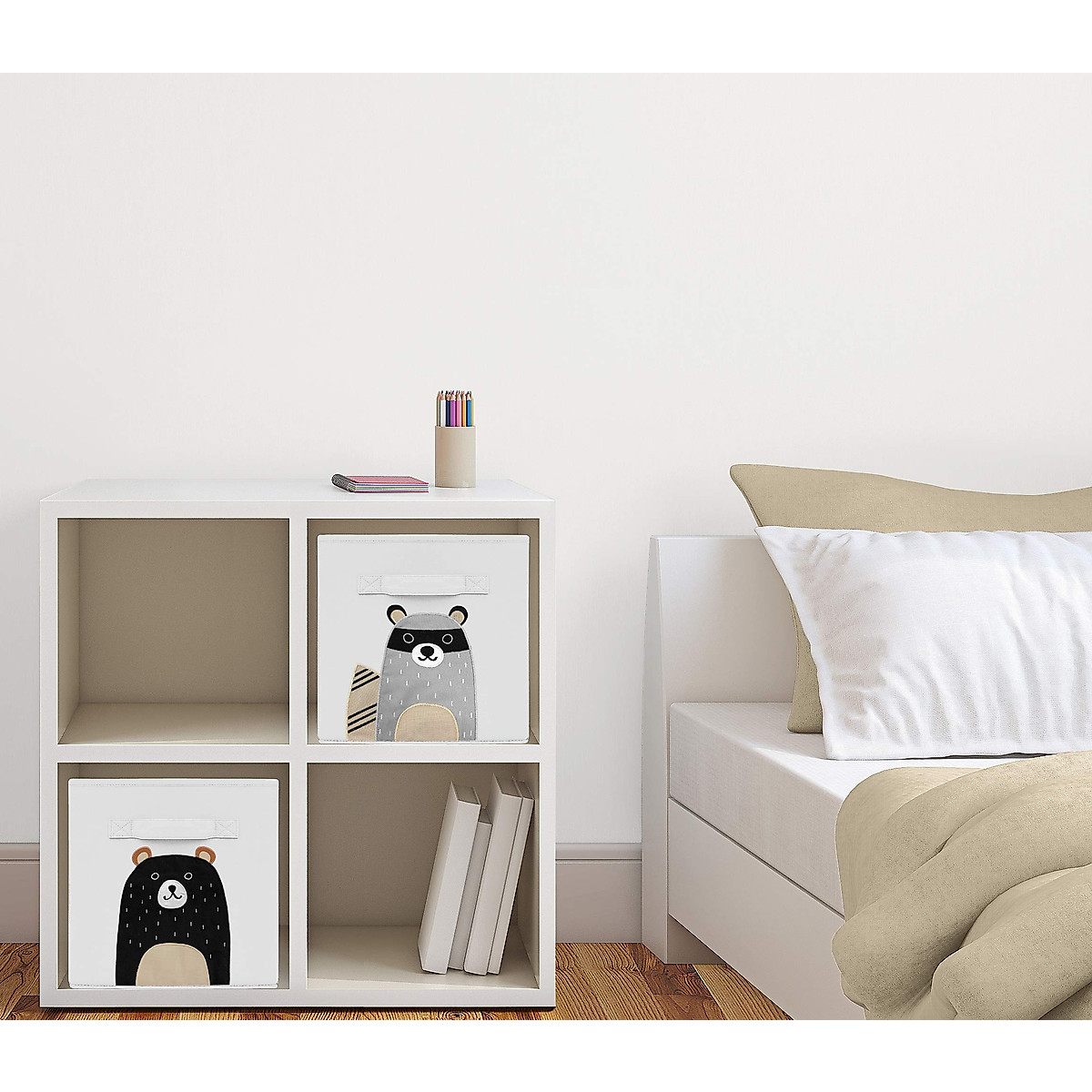 Sweet Jojo Designs Bear Raccoon Forest Animal Foldable Fabric Storage Cube Bins Boxes Organizer Toys Kids Baby Childrens for Woodland Pals Collection - Set of 2 - Neutral Beige, Grey, Black and White