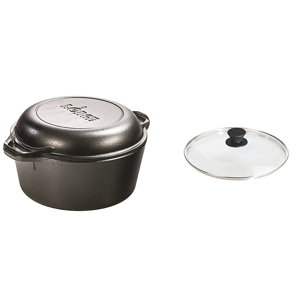 Lodge L8DD3 Cast Iron Double Dutch Oven, 5-Quart & Manufacturing Company GL10 Tempered Glass Lid, 10.25", Clear