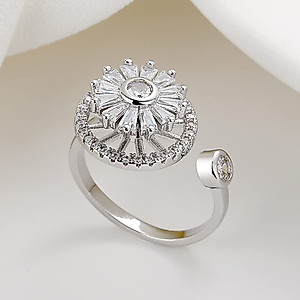 OIDIMS Rotating Flower Spinner Fidget Ring for Women Cubic Zirconia Adjustable Wrap Open Ring Wedding Promise Silver Plated Anti Anxiety Stress Relief Jewelry Daughter Dainty Birthday BFF Lover Gifts