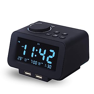 【Upgraded】Digital Alarm Clock, FM Radio, Dual USB Charging Ports, Temperature Detect, Dual Alarms with 7 Alarm Sounds, Snooze, 6-Level Brightness Dimmer, Batteries Operated, for Bedroom, Sleep Timer
