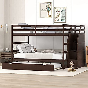 ODC Full Over Full Bunk Bed with Trundle,Solid Wood Stairway Bunk Bed with Twin Size Trundle and 3 Storage Stairs, Full Length Guardrail for Guests Room,Bedroom