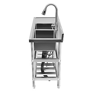 Kitchen Sink, Stainless Steel Double Bowl Utility Sink,Commercial Free Standing Dining Room Sink Kit, Prep & Utility Washing Hand Basin W/Workbench, For Laundry, Garage, Cafe Bar (47.2*17.7*31.8inch)