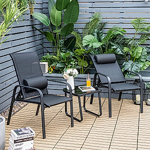 Giantex 3 Pieces Patio Bistro Set, Patio Dining Set for 2, Stackable Patio Chairs with Adjustable Backrest Headrest, Tempered Glass Coffee Table, Outdoor Porch Yard Garden Furniture (Black)