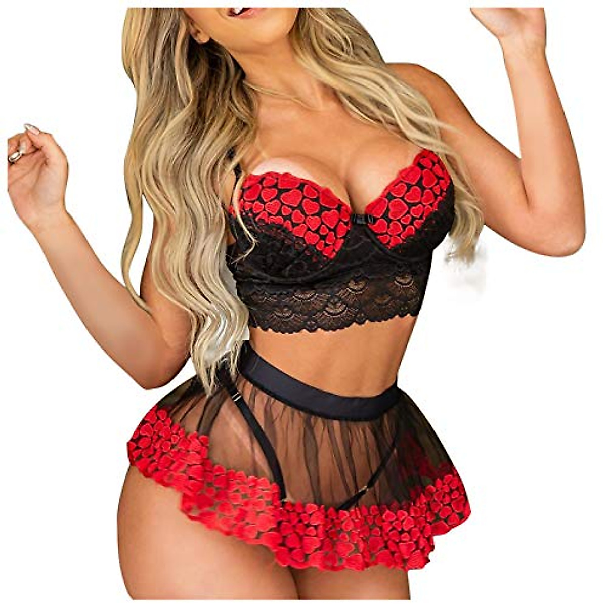 wodceeke Sexy Breast wrap Lace Split Plus Size Lingerie For Women Perspective Embroidered Print Bodysuit mesh Pajamas (Red, L)