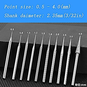 10 Pcs Various Sizes Diamond Mounted Grinding Head Burrs Stone Carving Bits for Rotary Tools with 3/32" Shank(D Type Spiked Shape)