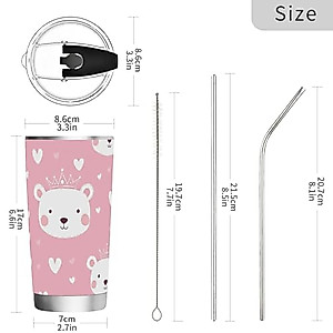 Cartoon Cute White Valentine Bear Stainless Steel water bottle with straw Leak-proof Lid and Straw travel coffee mug spill proof for Home, Office or Car cute straw tumbler 20 OZ