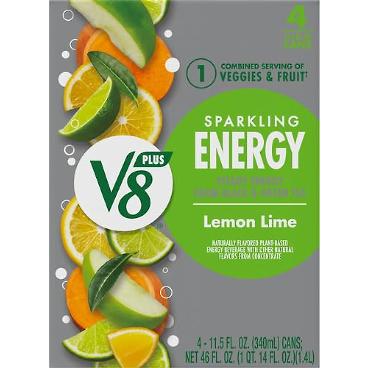 V8 +Energy Sparkling Lemon Lime Juice Energy Drink, 11.5 fl oz Can (4 Pack)