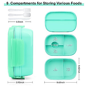LEITAO Bento Box Adult Lunch Box, 3 Layer Lunch Containers for Adults/Kids/Toddler, 8 Compartments Bento Lunch Box with Utensil Set, BPA Free, Microwave & Dishwasher Safe, Lead-Proof Lunchbox/Teal
