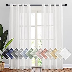 NICETOWN White Sheer Linen Curtains for Living Room 84 inch Length 2 Panels Set, Grommet Semitransparent Balance Privacy & Light Vertical Flax Sheer Drapes for Bedroom, W52 x L84